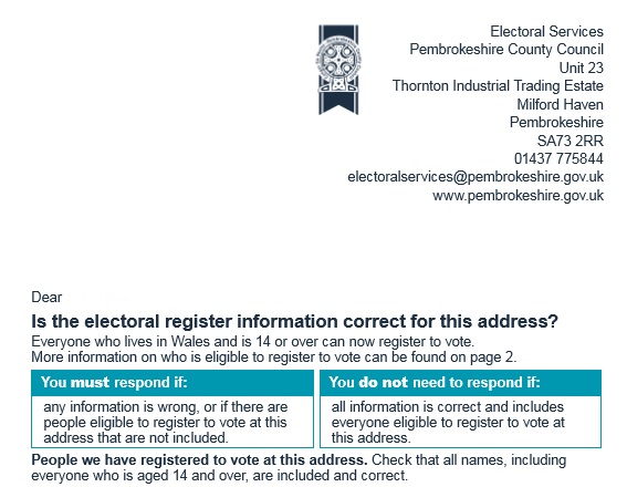 Electoral Registration Canvass 2021 - Pembrokeshire County Council